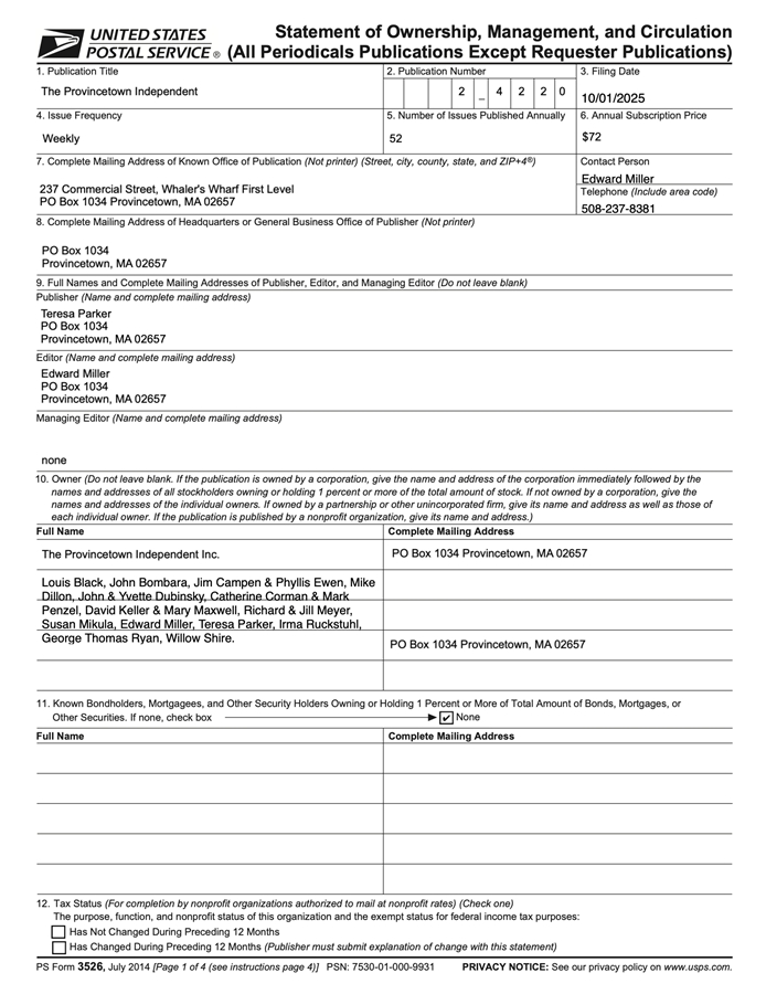 Statement of Ownership, Management, and Circulation - The Provincetown ...